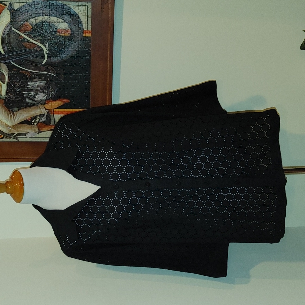 Jm Collection Black Eyelet Button Down Shirt - Gem